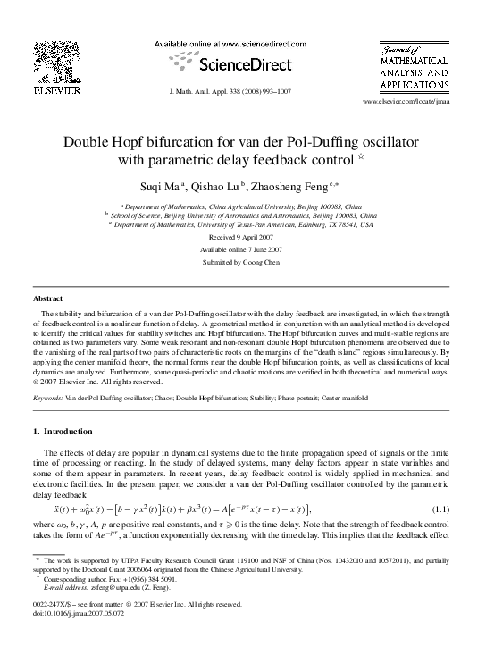 (PDF) Double Hopf bifurcation for van der Pol-Duffing oscillator with parametric delay feedback ...