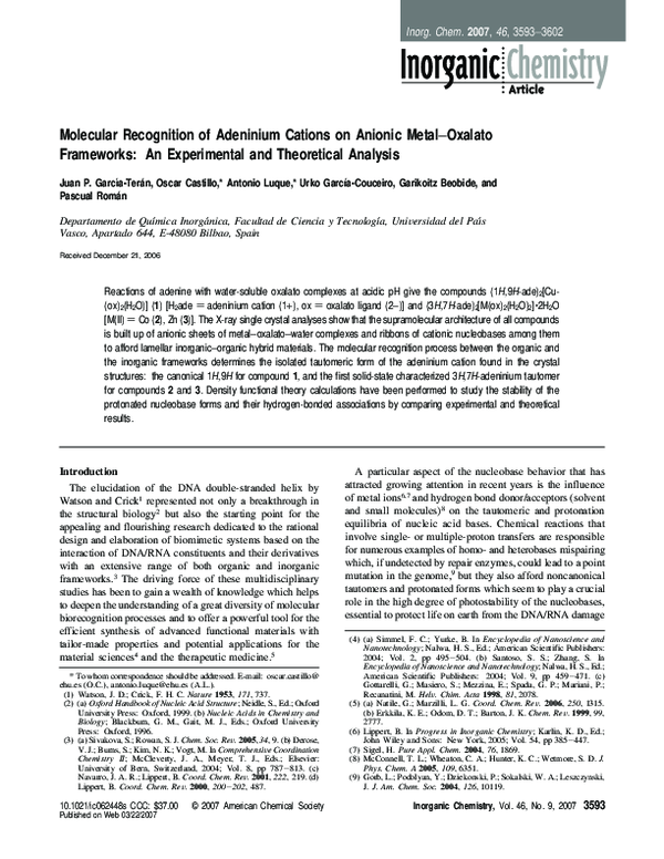 (PDF) Molecular Recognition of Adeninium Cations on Anionic Metal− ...
