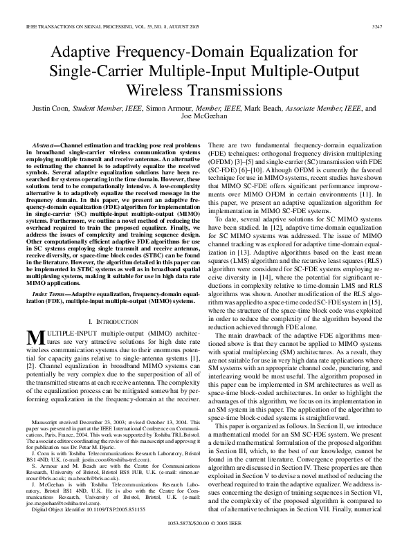 Pdf Adaptive Frequency Domain Equalization For Single Carrier Multiple Input Multiple Output