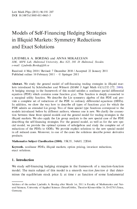 (PDF) Models of Self-Financing Hedging Strategies in Illiquid Markets: Symmetry Reductions and ...