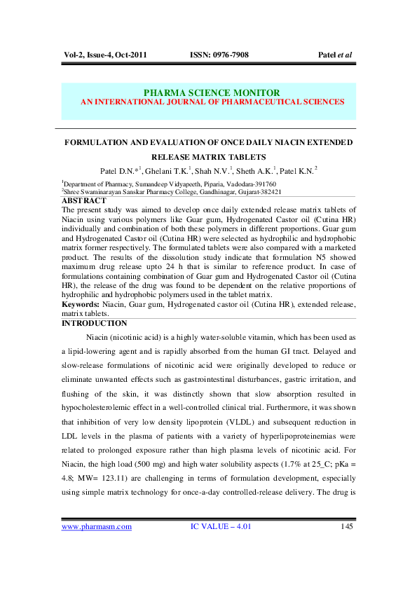 Pdf Formulation And Evaluation Of Once Daily Niacin Extended Release Matrix Tablets