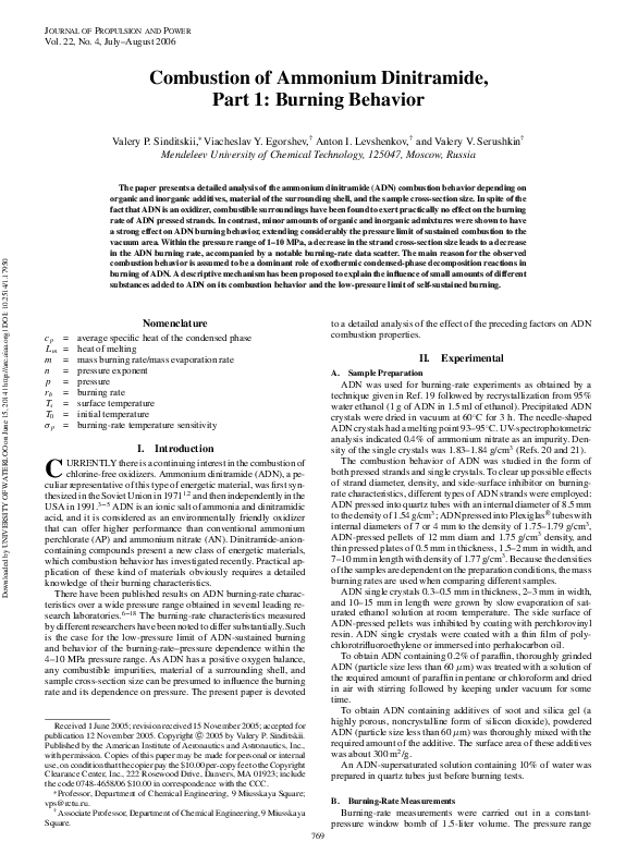 (PDF) Combustion of Ammonium Dinitramide, Part I: Burning Behavior
