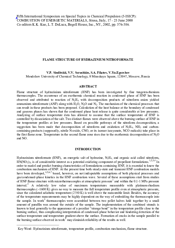 (PDF) FLAME STRUCTURE OF HYDRAZINIUM NITROFORMATE