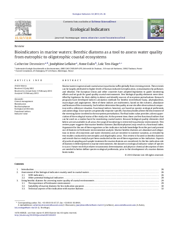 (PDF) Bioindicators in marine waters: benthic diatoms as a tool to ...