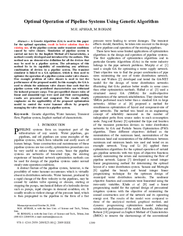 Pdf Optimal Operation Of Pipeline Systems Using Genetic Algorithm