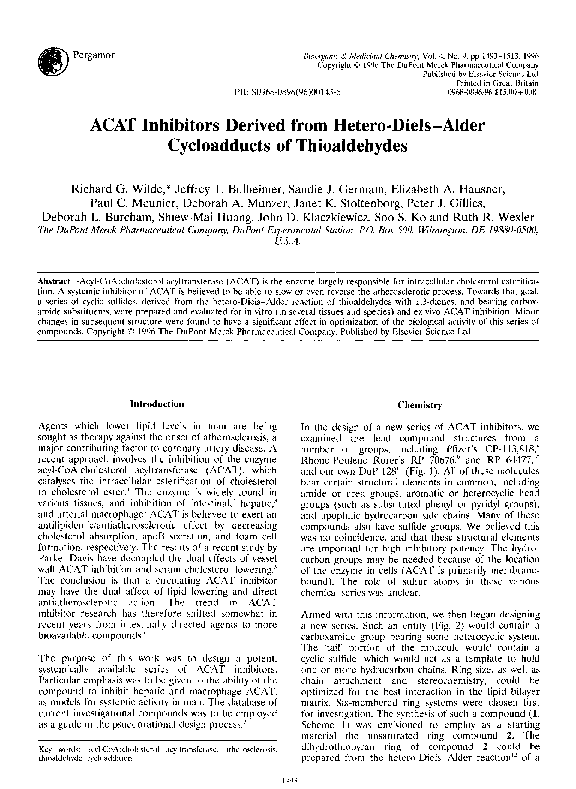 (PDF) ACAT inhibitors derived from hetero-Diels-Alder cycloadducts of thioaldehydes