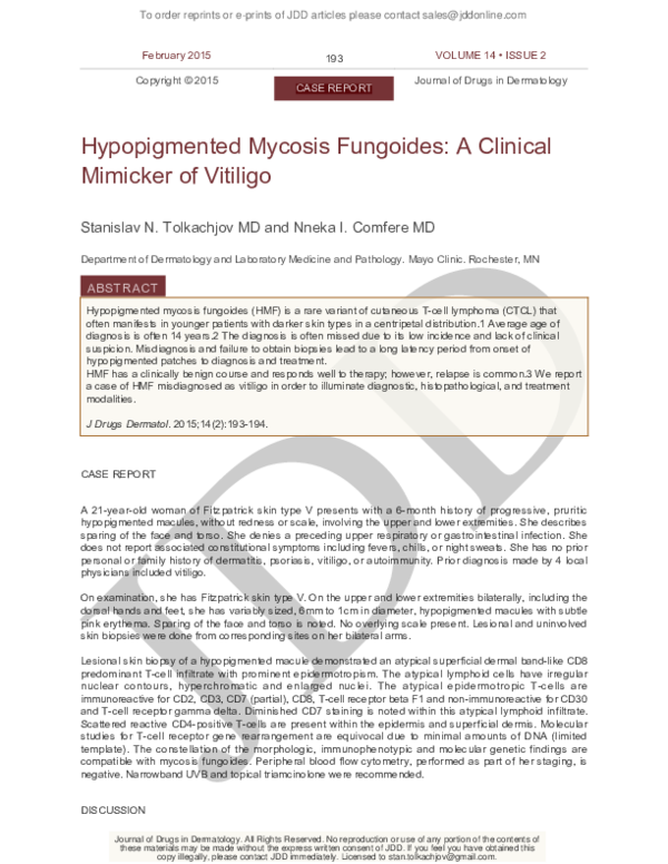 (PDF) Hypopigmented mycosis fungoides: a clinical mimicker of vitiligo