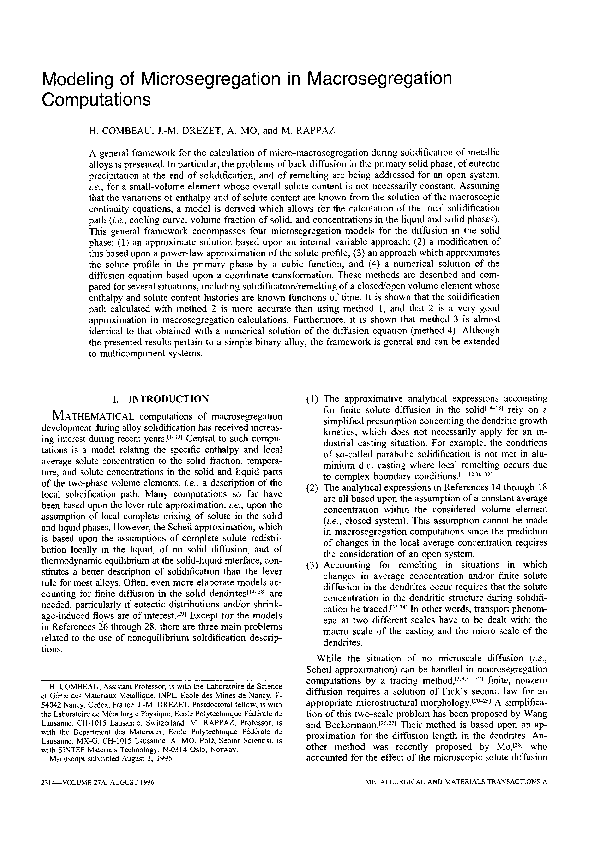 (PDF) Modeling of microsegregation in macrosegregation computations | Hervé Combeau - Academia.edu