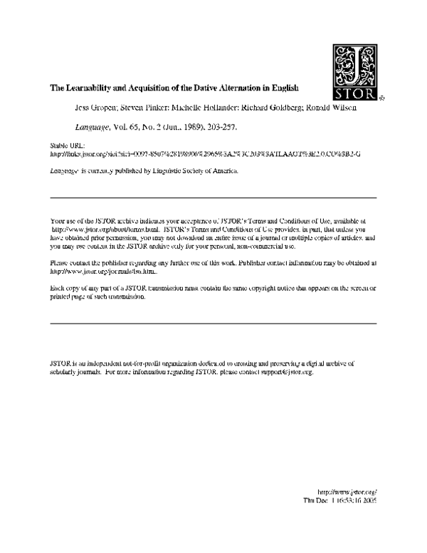 (PDF) The Learnability and Acquisition of the Dative Alternation in English
