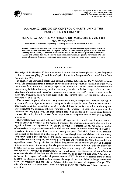 Pdf Economic Design Of Control Charts Using The Taguchi Loss Function