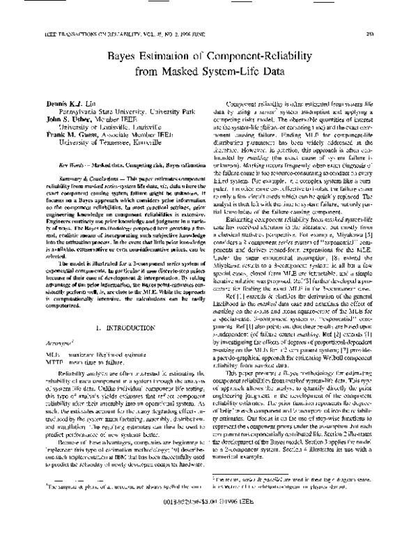 (PDF) Bayes estimation of component-reliability from masked system-life data