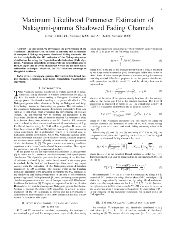 (PDF) Maximum Likelihood parameter estimation of Nakagami-gamma shadowed fading channels