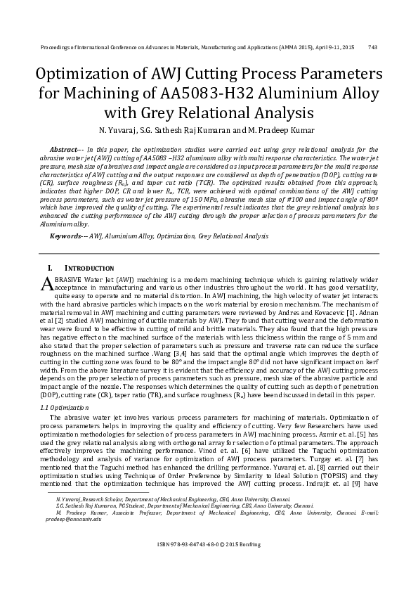 (PDF) Optimization of AWJ Cutting Process Parameters for Machining of AA5083-H32 Aluminium Alloy ...