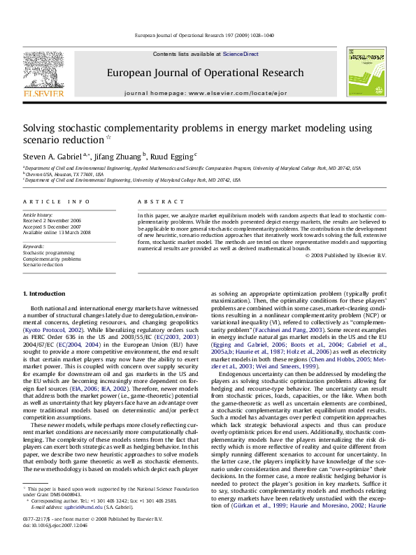 (PDF) Solving stochastic complementarity problems in energy market modeling using scenario reduction