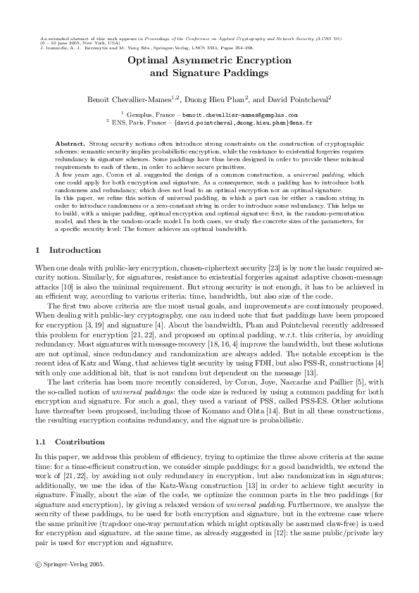 (PDF) Optimal Asymmetric Encryption and Signature Paddings (PDF) Optimal Asymmetric Encryption and Signature Paddings