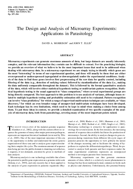 (PDF) The Design and Analysis of Microarray Experiments: Applications in Parasitology | J. Ellis ...