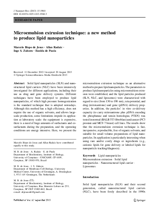 (PDF) Microemulsion extrusion technique: a new method to produce lipid ...