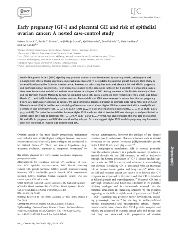 (PDF) Early pregnancy IGF-I and placental GH and risk of epithelial ovarian cancer: A nested ...