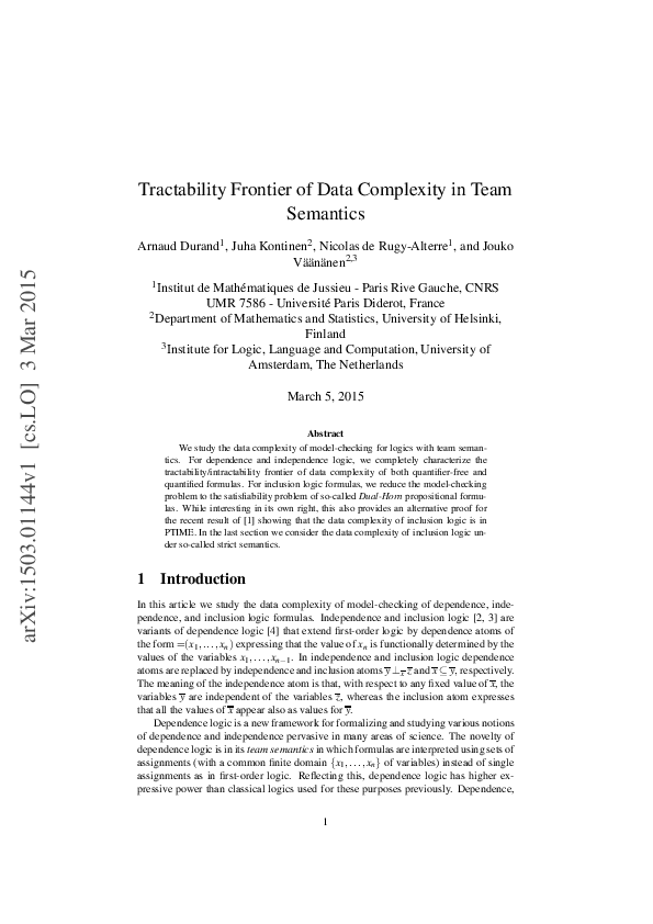 (PDF) Tractability Frontier of Data Complexity in Team Semantics
