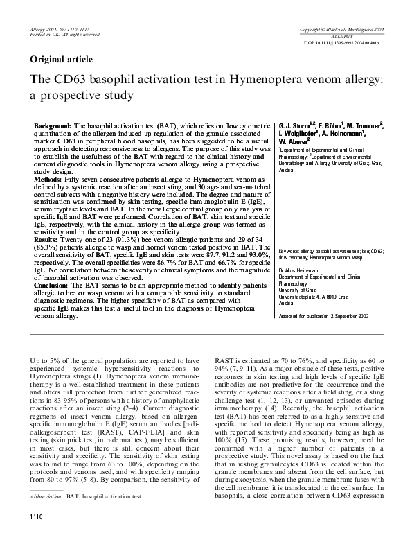 (PDF) The CD63 basophil activation test in Hymenoptera venom allergy: a ...