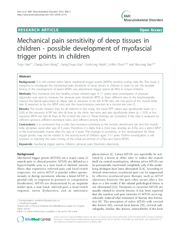 (PDF) Mechanical pain sensitivity of deep tissues in children ...