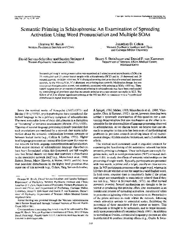 Pdf Semantic Priming In Schizophrenia An Examination Of Spreading