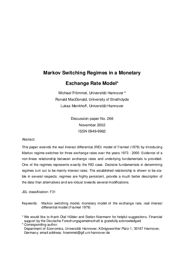 (PDF) Markov switching regimes in a monetary exchange rate model