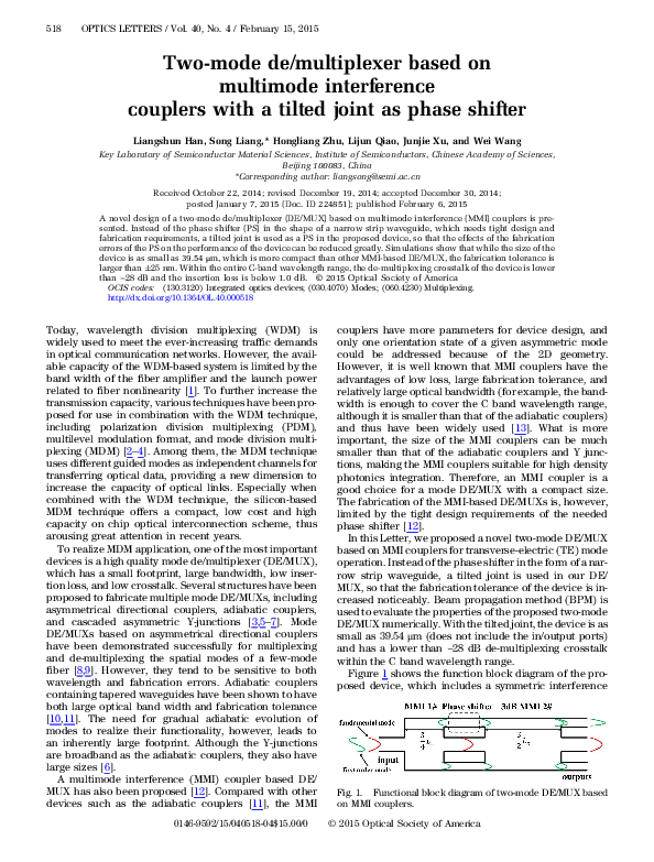 (PDF) Two-mode de/multiplexer based on multimode interference couplers with a tilted joint as ...