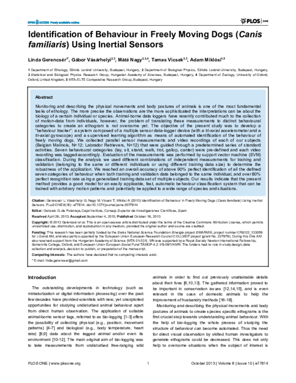 (PDF) Identification of Behaviour in Freely Moving Dogs (Canis familiaris) Using Inertial Sensors