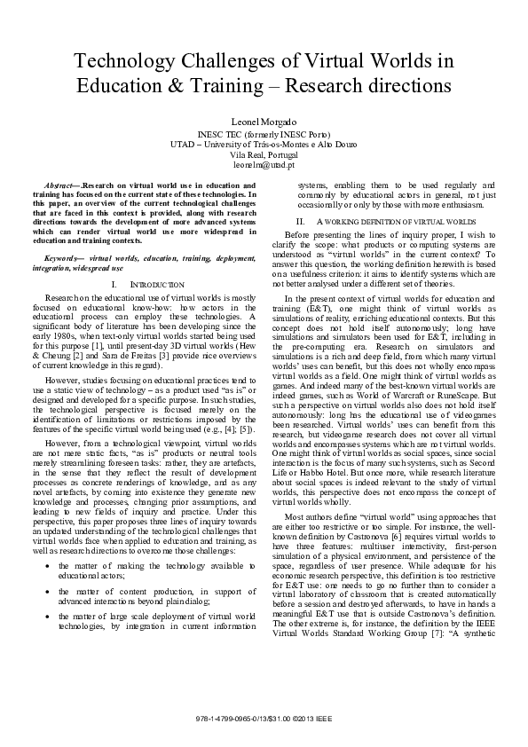 (PDF) Technology Challenges of Virtual Worlds in Education and Training ...