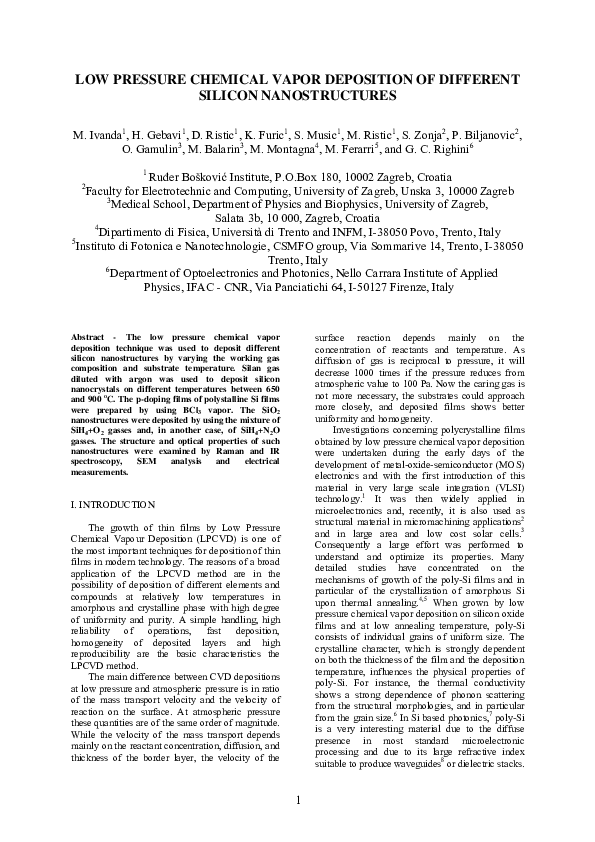 (PDF) Low Pressure Chemical Vapor Deposition of Different Silicon Nanostructures