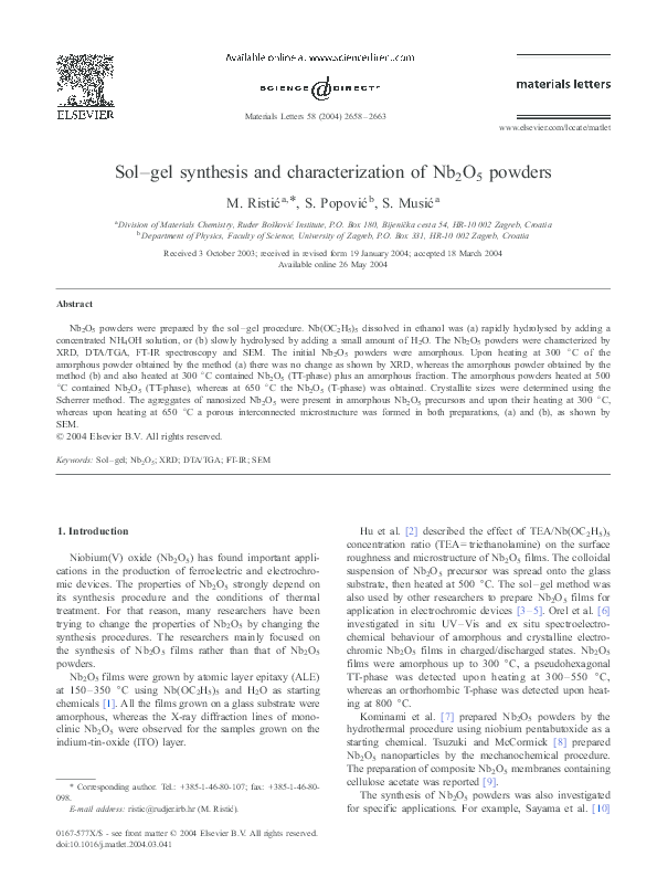 (PDF) Sol–gel synthesis and characterization of Nb2O5 powders