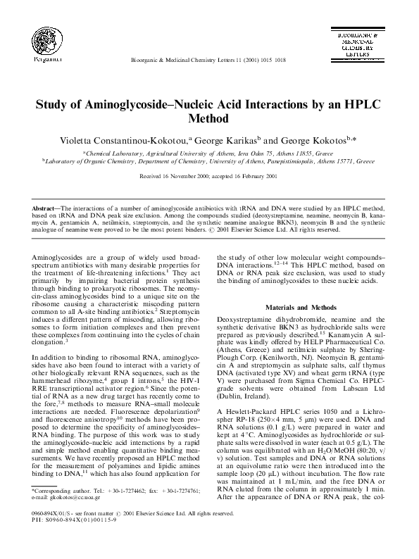 (PDF) Study of aminoglycoside–nucleic acid interactions by an HPLC method