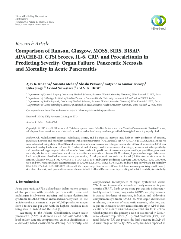 (PDF) Comparison of Ranson, Glasgow, MOSS, SIRS, BISAP, APACHE-II, CTSI ...