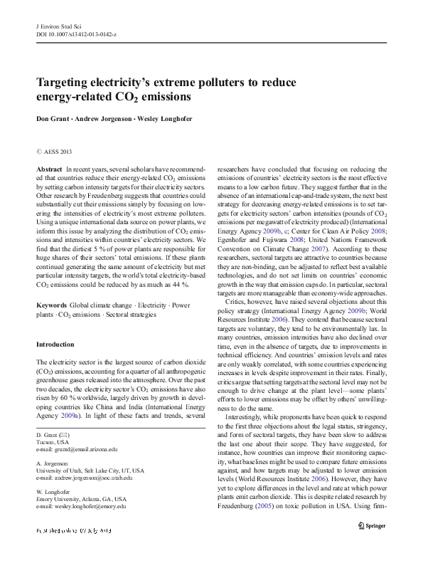Pdf Targeting Electricitys Extreme Polluters To Reduce Energy Related Co2 Emissions Andrew