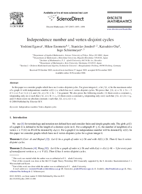 (PDF) Independence number and vertex-disjoint cycles