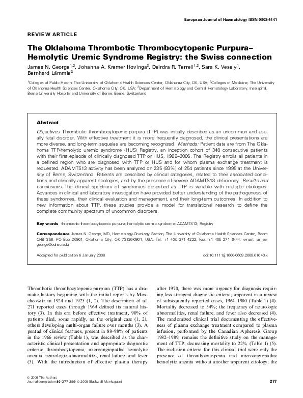 (PDF) The Oklahoma Thrombotic Thrombocytopenic Purpura–Hemolytic Uremic ...