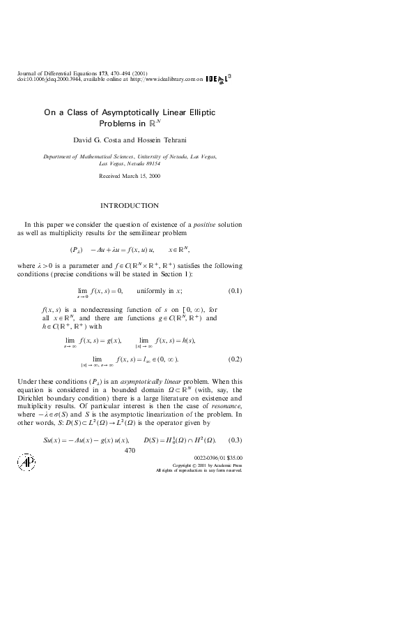 Pdf On A Class Of Asymptotically Linear Elliptic Problems In N