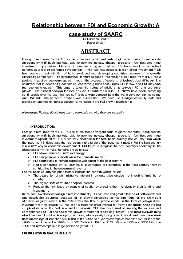 (DOC) Relationship between FDI and Economic Growth: A case study of SAARC