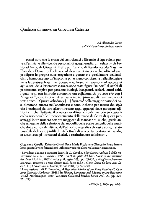 (PDF) Qualcosa di nuovo su Giovanni Catrario, «Medioevo Greco», 6 (2006 ...