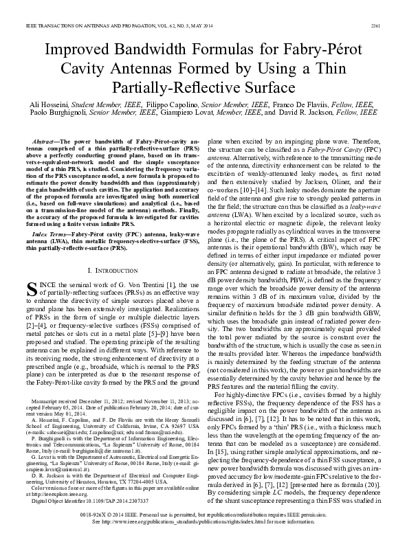 (PDF) Improved bandwidth formulas for Fabry-Pérot cavity antennas formed by using a thin ...
