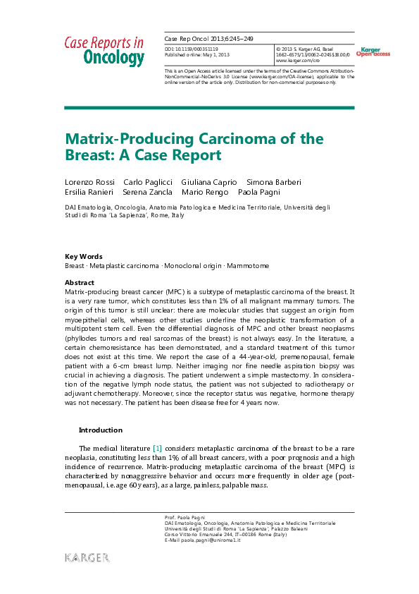 (PDF) Matrix-Producing Carcinoma of the Breast: A Case Report | Ersilia ...