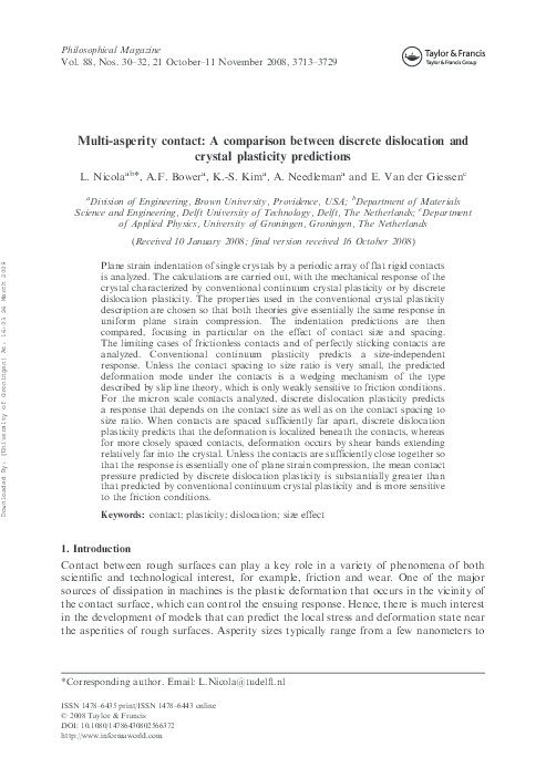 Pdf Multi Asperity Contact A Comparison Between Discrete Dislocation