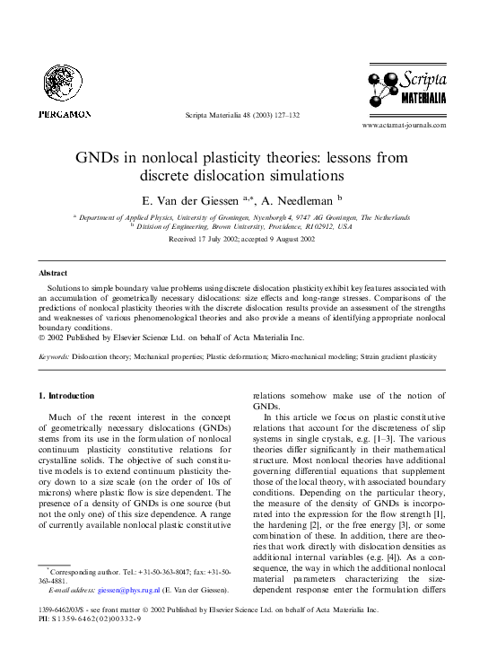 (PDF) GNDs in nonlocal plasticity theories: lessons from discrete ...