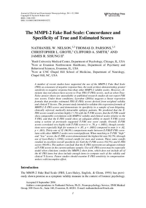 (PDF) The MMPI-2 Fake Bad Scale: Concordance and Specificity of True ...