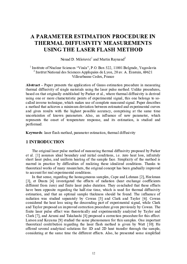 (PDF) A PARAMETER ESTIMATION PROCEDURE IN THERMAL DIFFUSIVITY ...