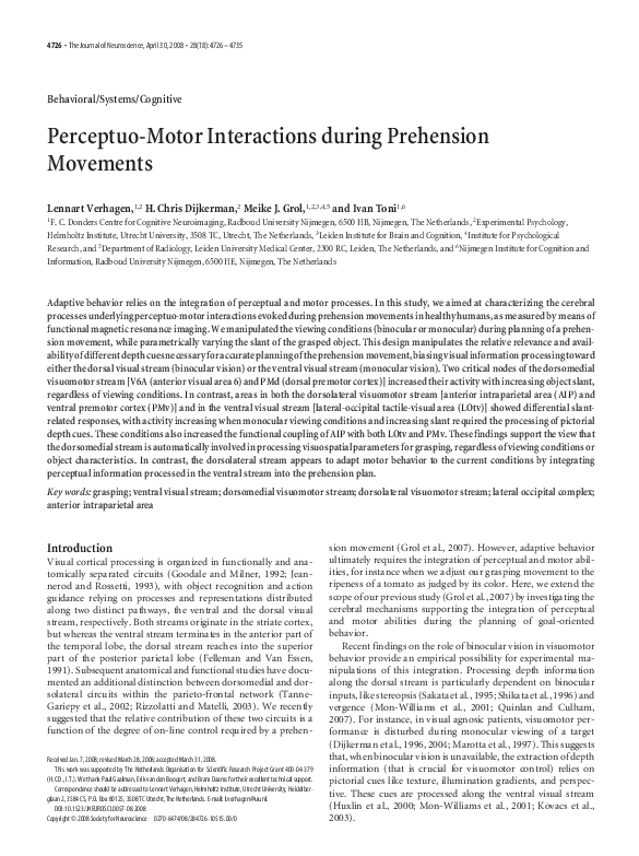 (PDF) Perceptuo-Motor Interactions during Prehension Movements