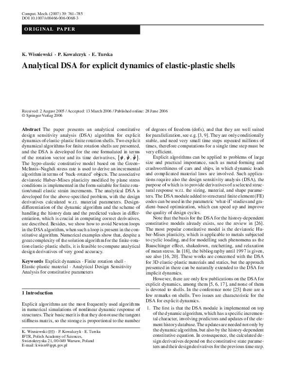 (PDF) Analytical DSA for Explicit Dynamics of Elastic-plastic Shells