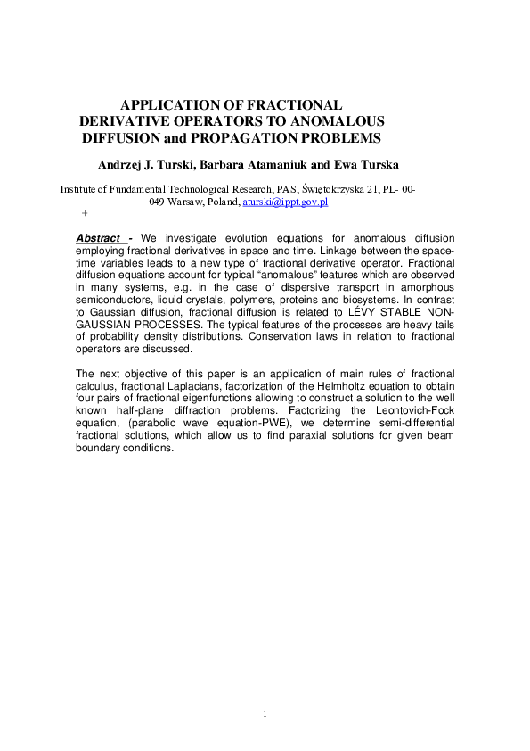 Pdf Application Of Fractional Derivative Operators To Anomalous