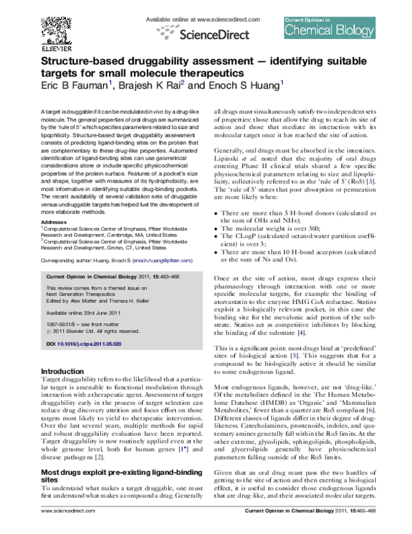 Pdf Structure Based Druggability Assessment—identifying Suitable